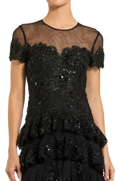 Mac Duggal Short Sleeve Tiered Mesh Gown With Embellishments