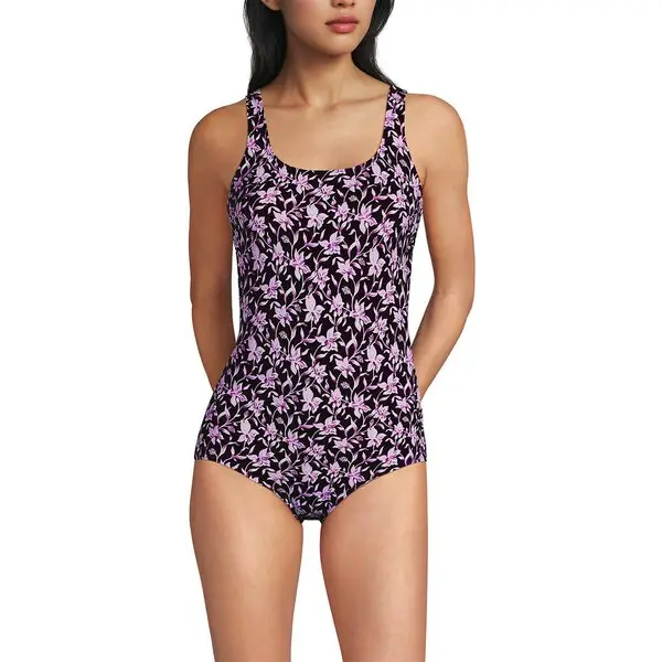 LANDS' END D-cup Tugless Low Leg One-piece Swimsuit - Tropic Floral Ditsy/dark Wine