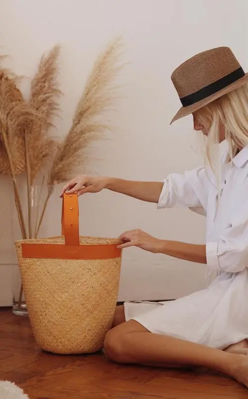LASTELIER Borneo Leather And Straw Bucket Bag - Orange