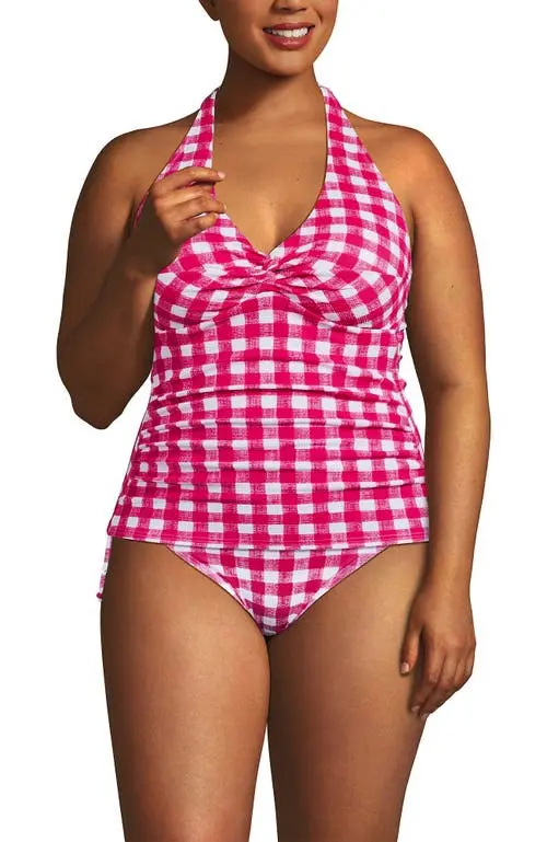 LANDS' END Twist Halter Tankini Top - Azalea Pink Gingham Pique