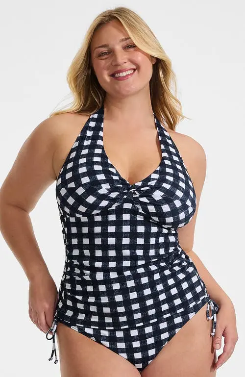 LANDS' END Twist Halter Tankini Top - Navy Gingham Pique