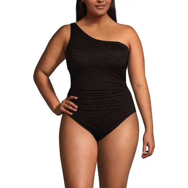 LANDS' END Chlorine Resistant Shirred One-shoulder One-piece Swimsuit - Brown Leopard