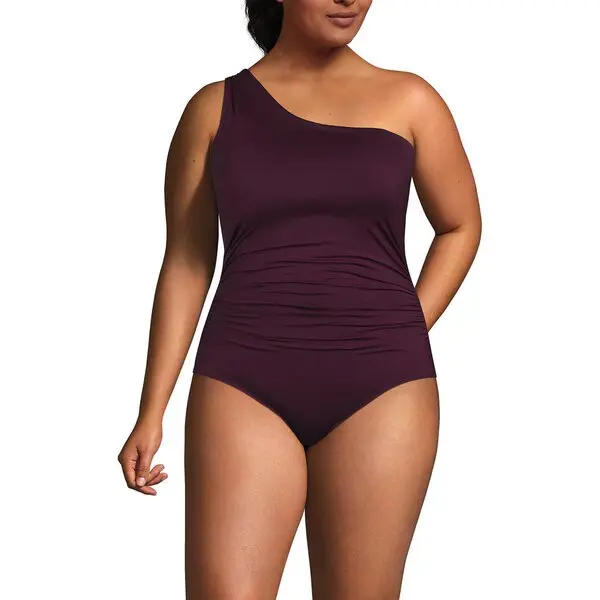 LANDS' END Chlorine Resistant Shirred One-shoulder One-piece Swimsuit - Dark Wine