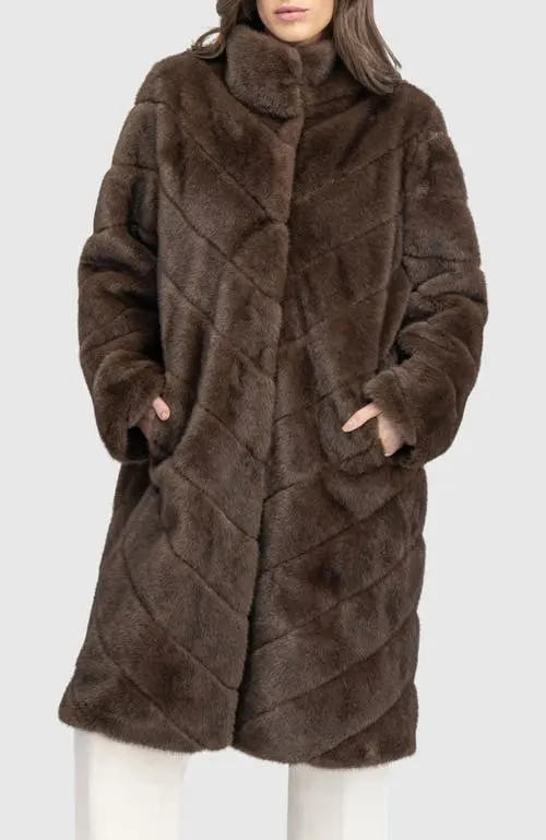 LYLA GRANT Faux Fur Chevron Coat - Brown