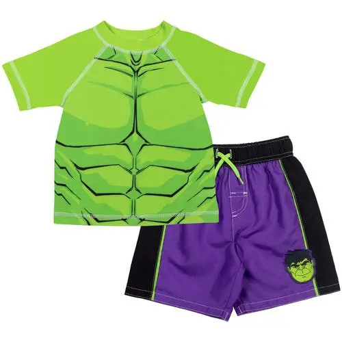 MARVEL Printed Rash Guard And Swim Trunks - Avengers The Hulk Green