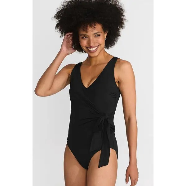 LANDS' END Side Tie Wrap One Piece Swimsuit - Black