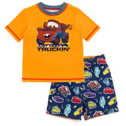 Disney Cars Rash Guard And Swim Trunks Set - Orange Cars Just Keep Truckin'