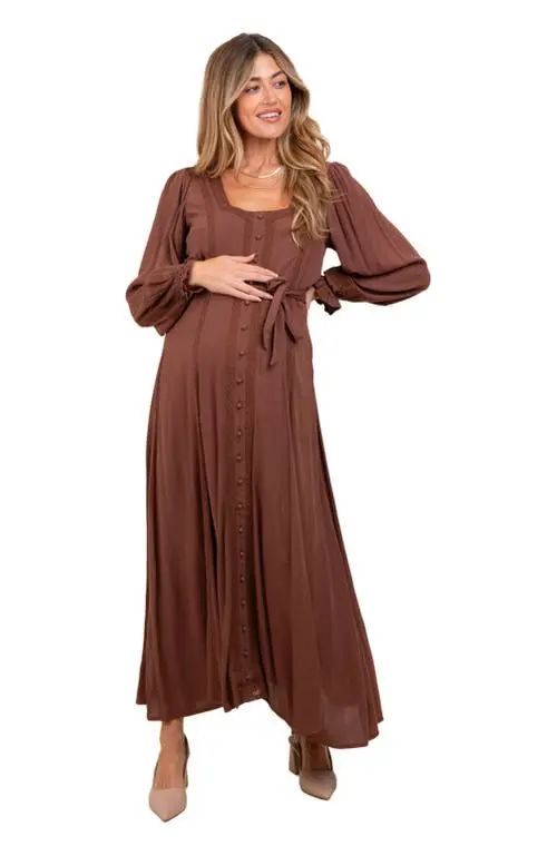 PINKBLUSH Lace Detail Button Down Maxi Dress - Brown