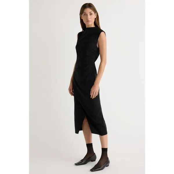 Modern Citizen Manon Asymmetrical Neckline Ruched Midi Dress - Black