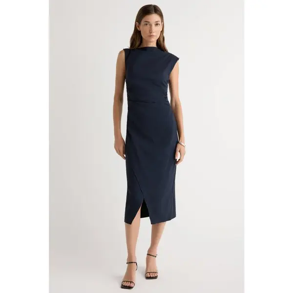 Modern Citizen Manon Asymmetric Neck Ruched Dress - Navy