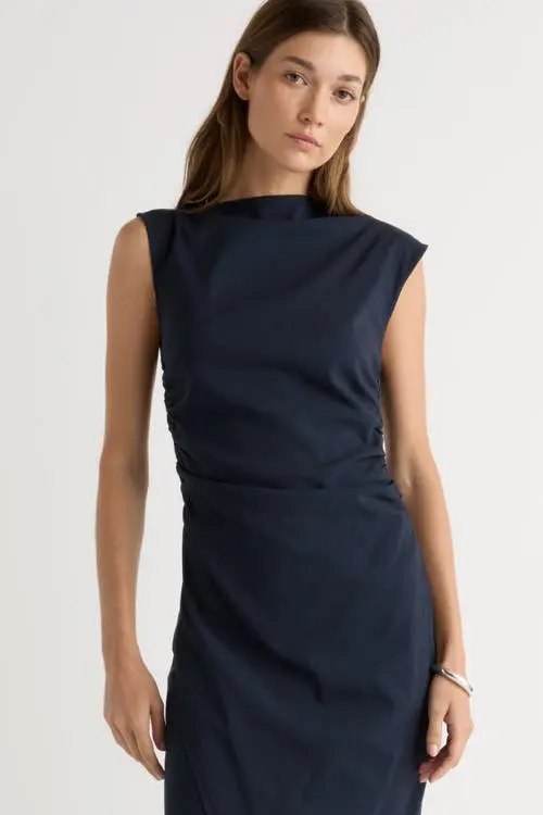 Modern Citizen Manon Asymmetrical Neckline Ruched Midi Dress - Navy