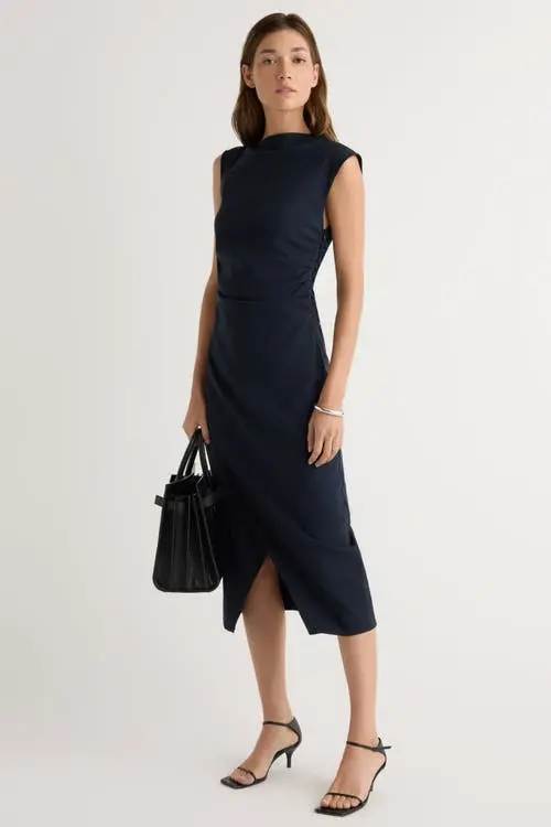 Modern Citizen Manon Asymmetrical Neckline Ruched Midi Dress - Navy