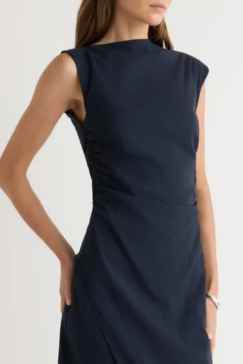 Modern Citizen Manon Asymmetrical Neckline Ruched Midi Dress - Navy