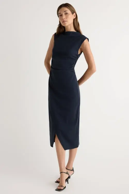 Modern Citizen Manon Asymmetrical Neckline Ruched Midi Dress - Navy