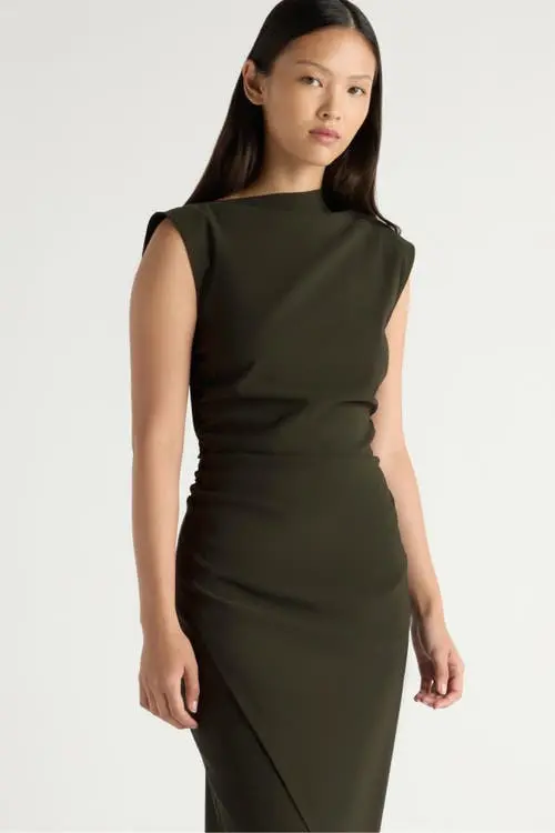 Modern Citizen Manon Asymmetric Neck Ruched Dress - Olive