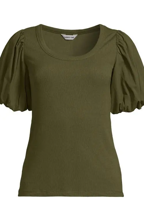 LANDS' END Drapey Rib Puff Sleeve Top - Olive Drab