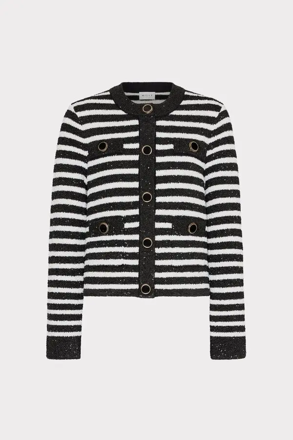 MILLY Sequin Striped Buttoned Cardigan