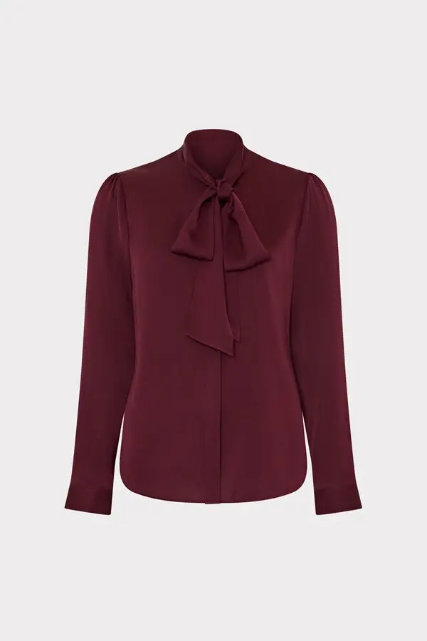 MILLY Tie Neck Long Sleeve Blouse - Wine