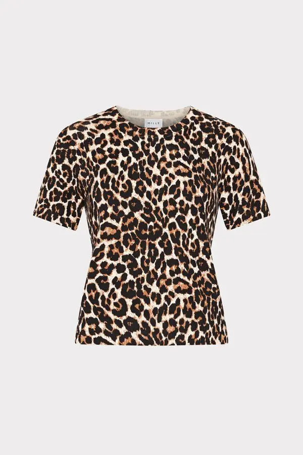 MILLY Leopard Print Short Sleeve Knit Top