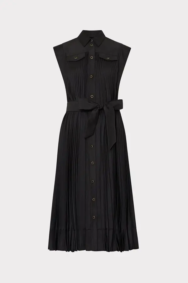 MILLY Johanna Pleated Twill Midi Dress - Black