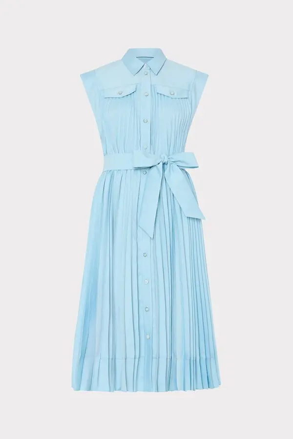 MILLY Johanna Pleated Twill Midi Dress - Mineral Blue