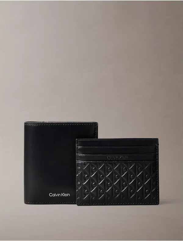 Calvin Klein Bifold Wallet And Embossed Monogram Logo Card Case Set - Black