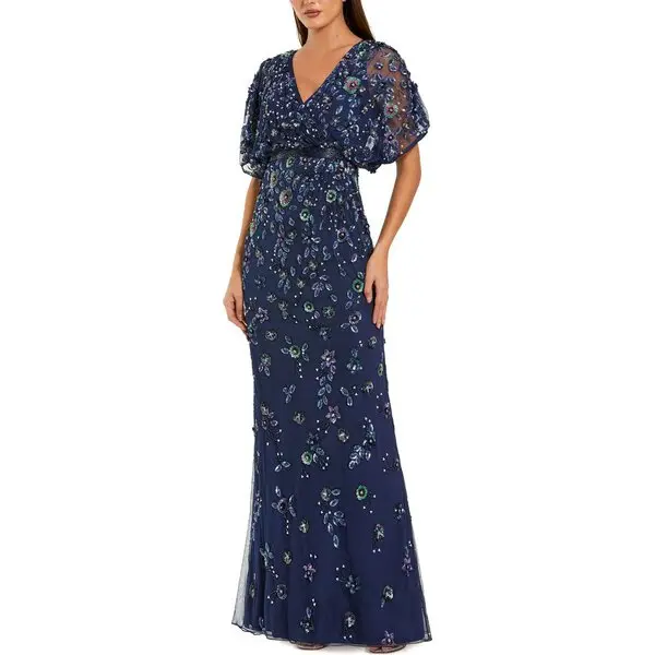 Mac Duggal Floral Embellished Blouson Gown - Navy