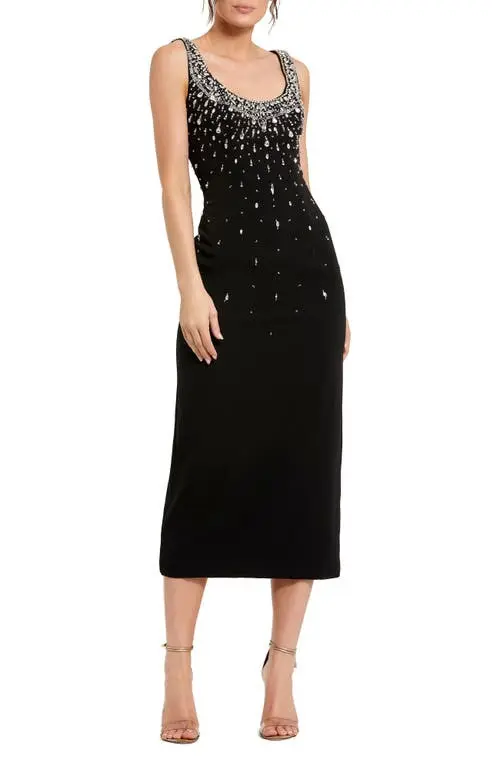 Mac Duggal Beaded Crepe Sleeveless Sheath Midi Dress - Black