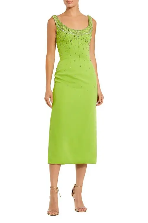 Mac Duggal Beaded Crepe Sleeveless Sheath Midi Dress - Pear
