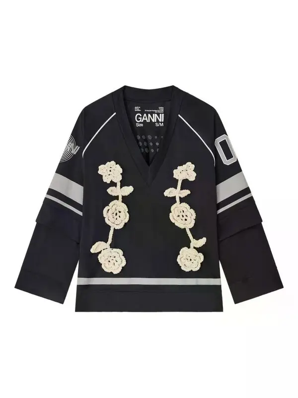 GANNI Crocheted-flower Top - Black