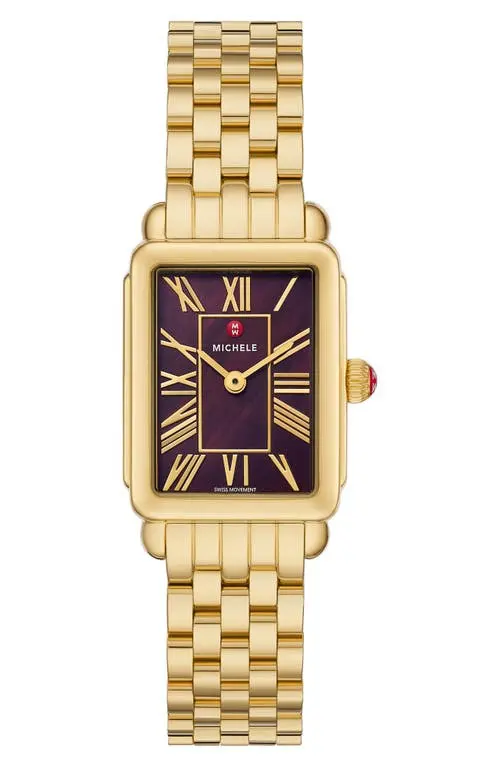 Michele Deco Park Mother-of-pearl Bracelet Watch - Gold/dark Cherry