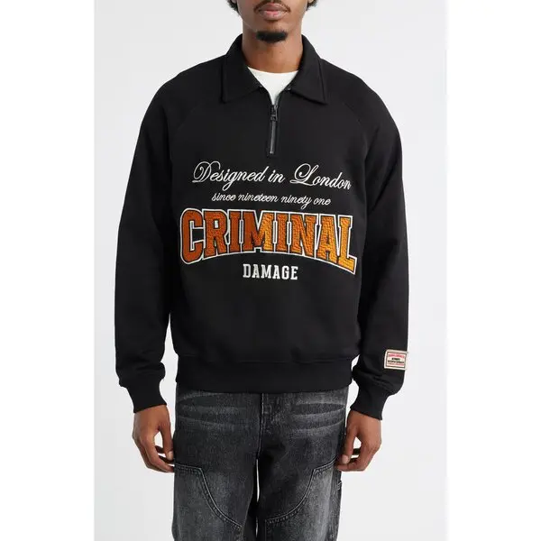 CRIMINAL DAMAGE Oversize Half Zip Polo Sweatshirt