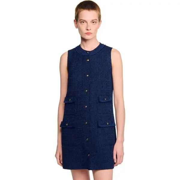 Sandro Short Tweed Dress With Button Details - Navy Blue