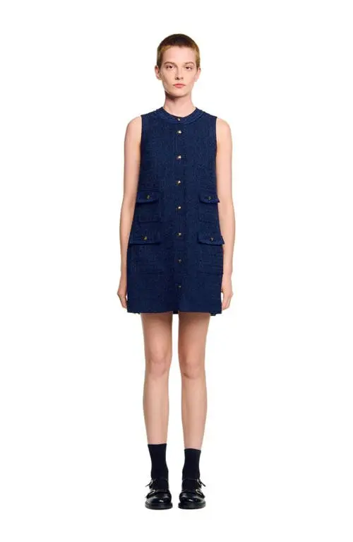 Sandro Short Tweed Dress With Button Details - Navy Blue