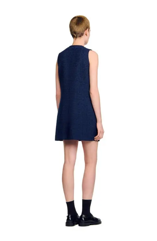 Sandro Short Tweed Dress With Button Details - Navy Blue