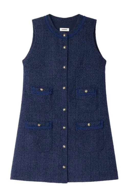 Sandro Short Tweed Dress With Button Details - Navy Blue
