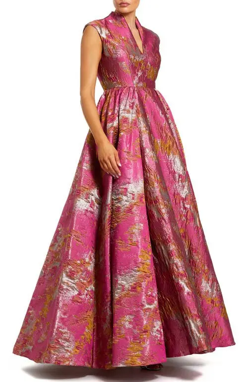 Mac Duggal Metallic Jacquard Ball Gown - Raspberry Multi