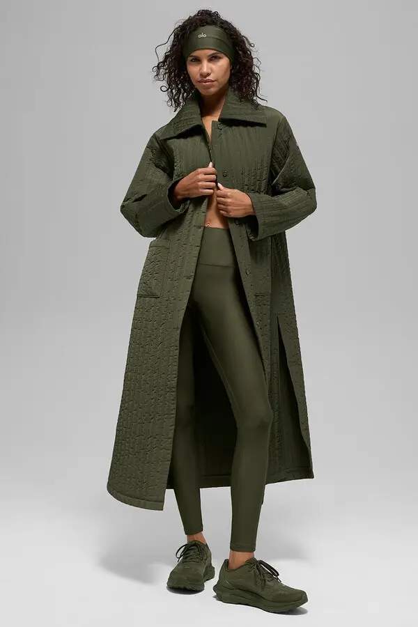 Alo Yoga Quilted Skyline Long Coat - Green Olive