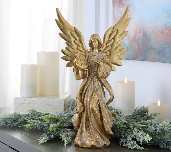 VALERIE PARR HILL As Is 18' Angel Figure With Harp Valerie - One-color