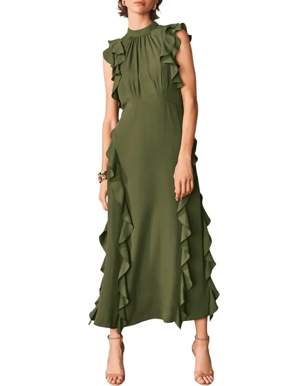 Mint Velvet High Neck Ruffle Maxi Dress In Green - 50% Off | Editorialist