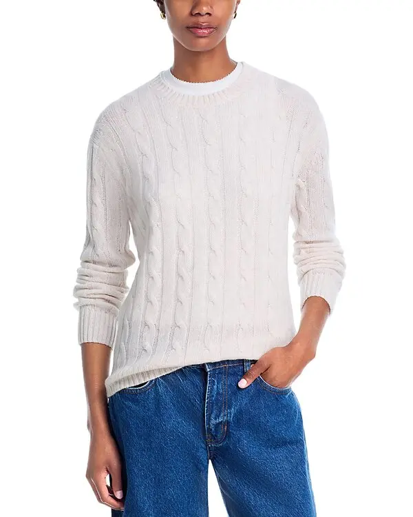 Aqua 100% Cashmere Cable Knit Crewneck Sweater - Ash