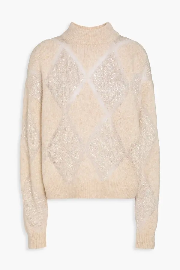 Brunello Cucinelli Sequin-embellished Argyle Turtleneck Sweater - Beige