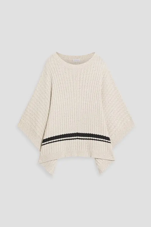 Brunello Cucinelli Sequin-embellished Striped Cable-knit Poncho