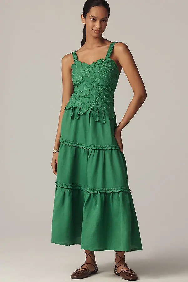 Linen Blend Tiered Midi Dress