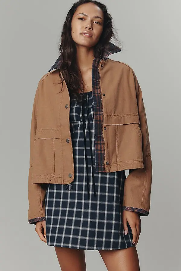 PILCRO The Lexie Cropped Workwear Jacket - Chestnut Plaid Combo