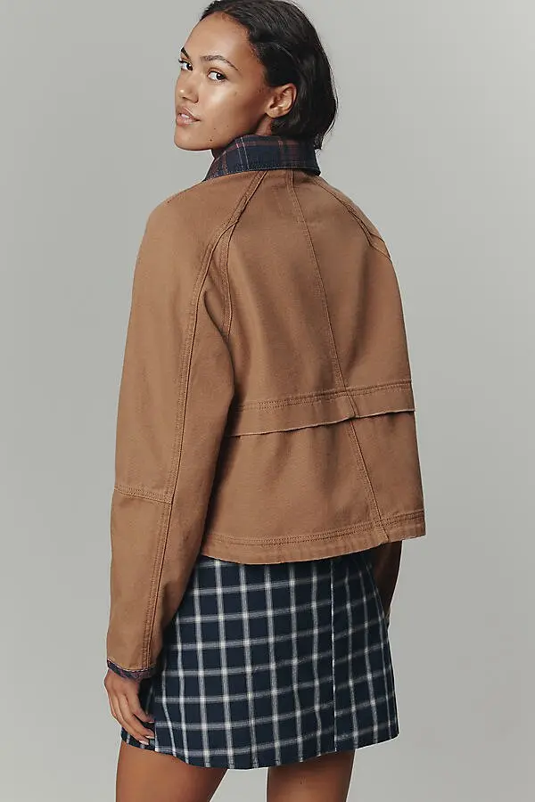 PILCRO The Lexie Cropped Workwear Jacket - Chestnut Plaid Combo