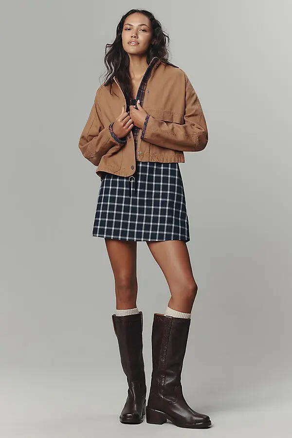 PILCRO The Lexie Cropped Workwear Jacket - Chestnut Plaid Combo