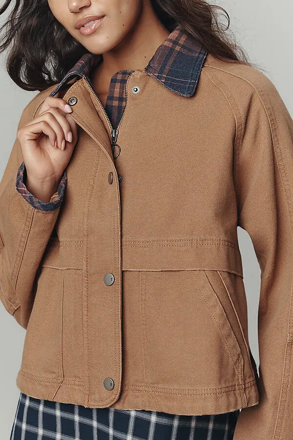 PILCRO The Lexie Cropped Workwear Jacket - Chestnut Plaid Combo