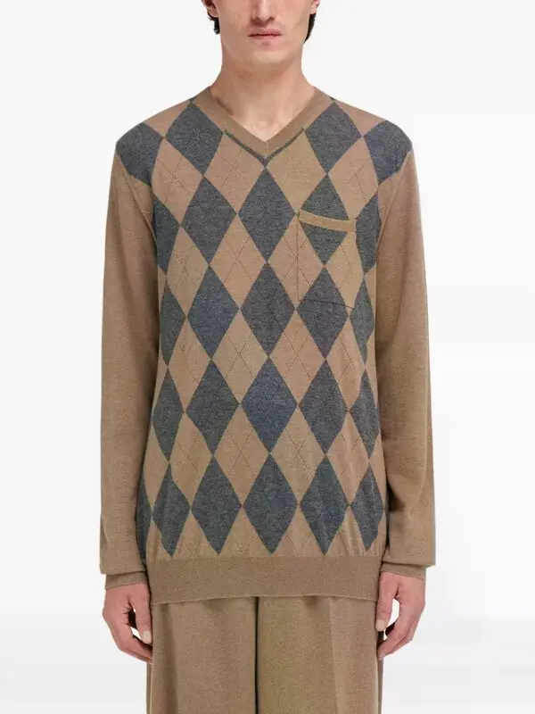 FERRAGAMO V-neck Argyle Virgin-wool Sweater - Neutrals