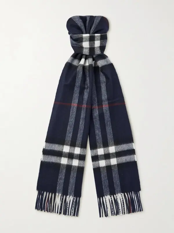 Burberry Fringed Checked Cashmere Scarf - Blue